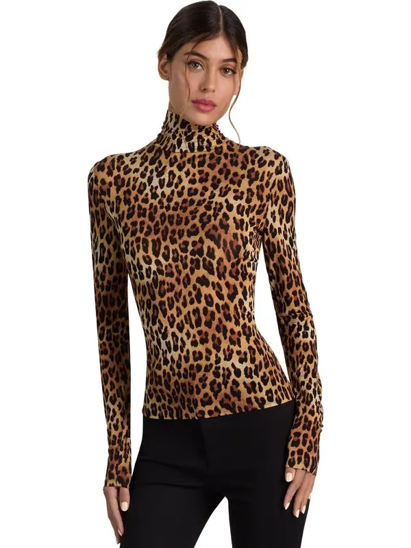 Alice + Olivia Delaina Turtleneck Top With Bold Print - Spotted Leopard