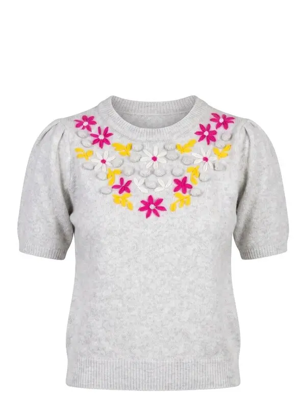 TANTRA SPAIN SL Embroidered Floral Short-sleeve Sweater - Grey