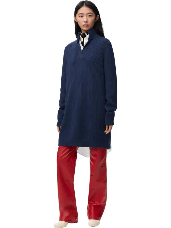 Loewe Bi-material Knit And Poplin Dress - Dark Blue