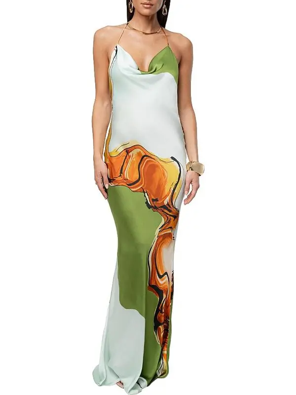 JLUXLABEL Tropical Print Golden Touch Satin Maxi Dress - Green