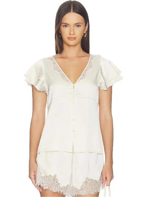 Citizens Of Humanity Lola Flutter Sleeve Top With Lace Trim - Cream