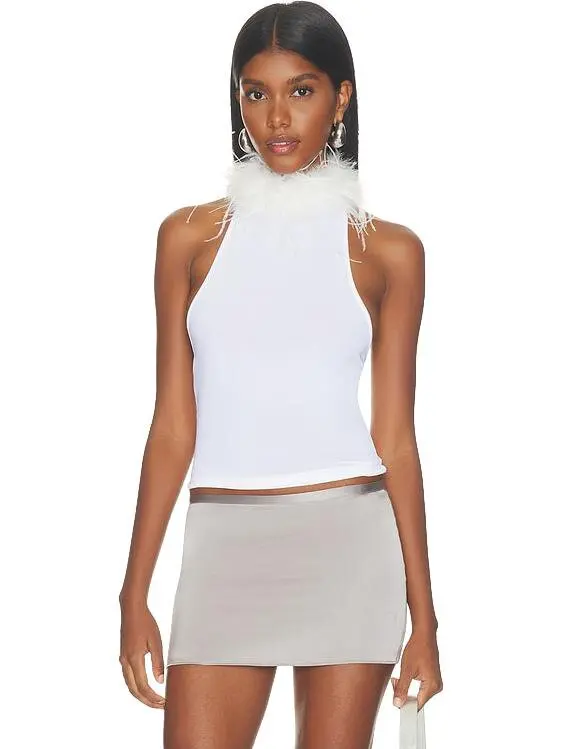 1XBLUE Feather Trim High Neck Tank Top - White