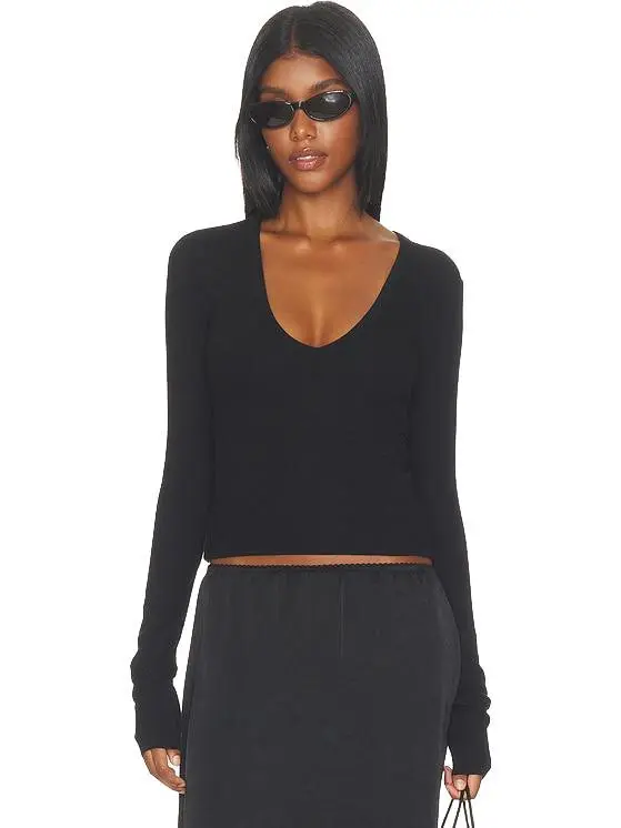 Eterne Butter Rib Long Sleeve V-neck Top - Black