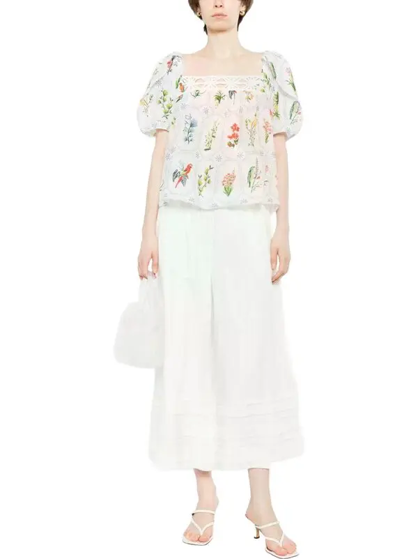 Farm Rio Tropical Porcelain Puff-sleeve Blouse - White