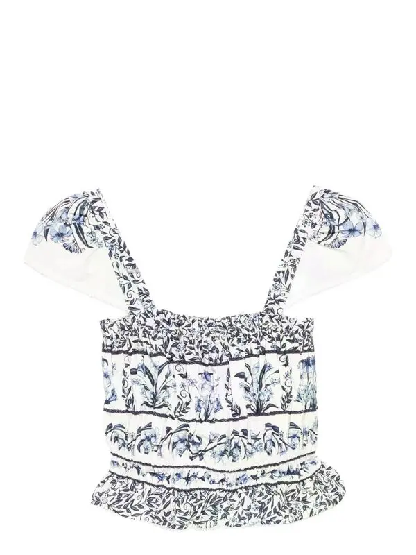Farm Rio Floral-print Gathered Blouse - White