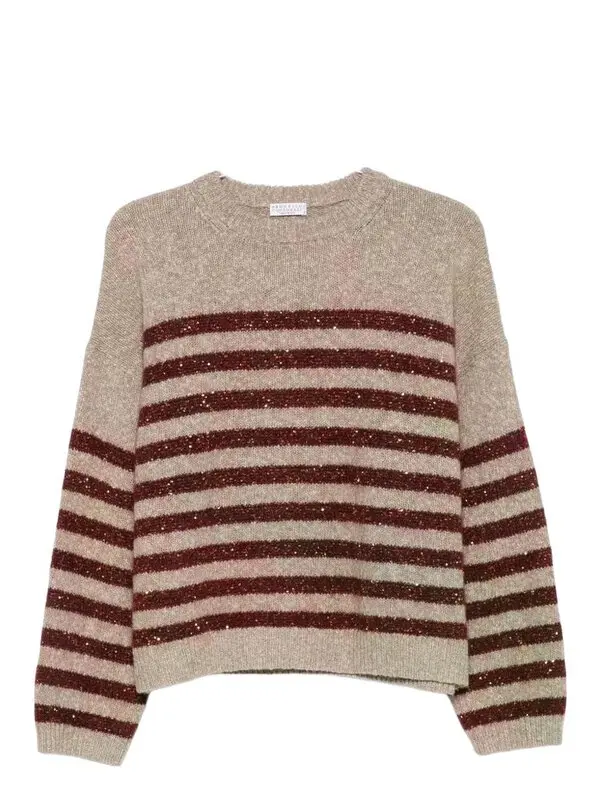 Brunello Cucinelli Sequin-embellished Striped Crew Neck Sweater - Neutrals