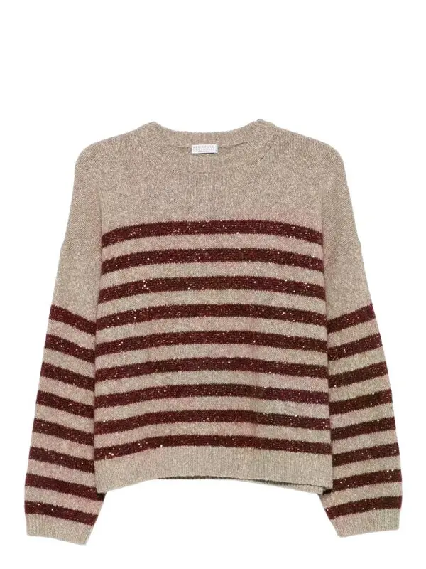 Brunello Cucinelli Sequin-embellished Striped Crew Neck Sweater - Neutrals