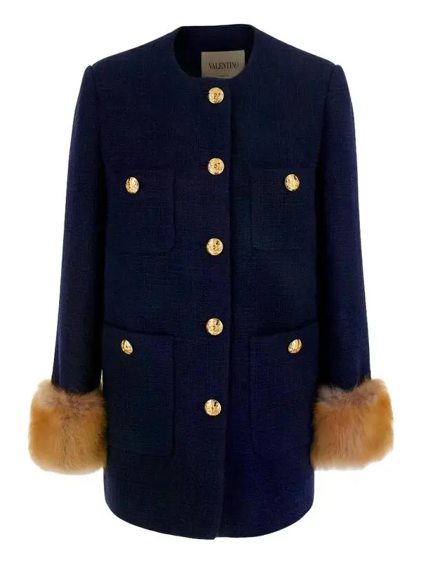 Valentino Garavani Wool Tweed Caban With Shearling Cuffs - Blue
