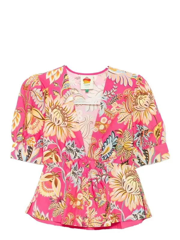 Farm Rio Floral Print Puff Sleeve Blouse - Pink