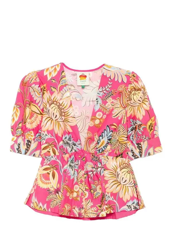 Farm Rio Floral Print Puff Sleeve Blouse - Pink