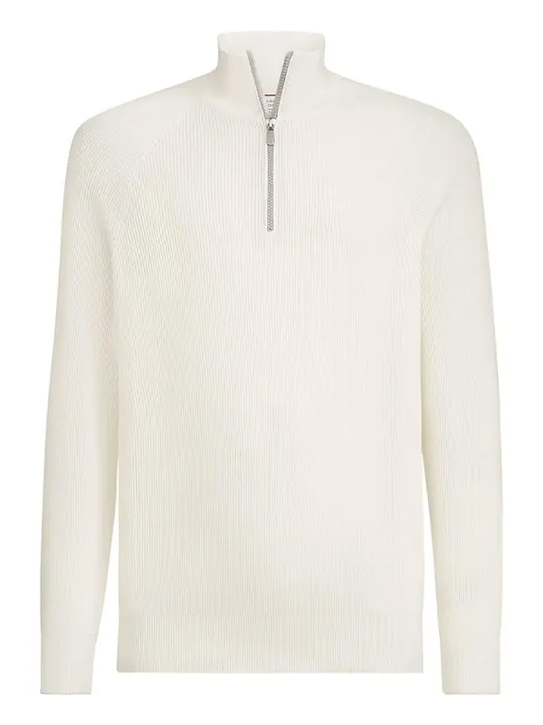 Brunello Cucinelli Cotton Rib-knit Quarter-zip Sweater - White