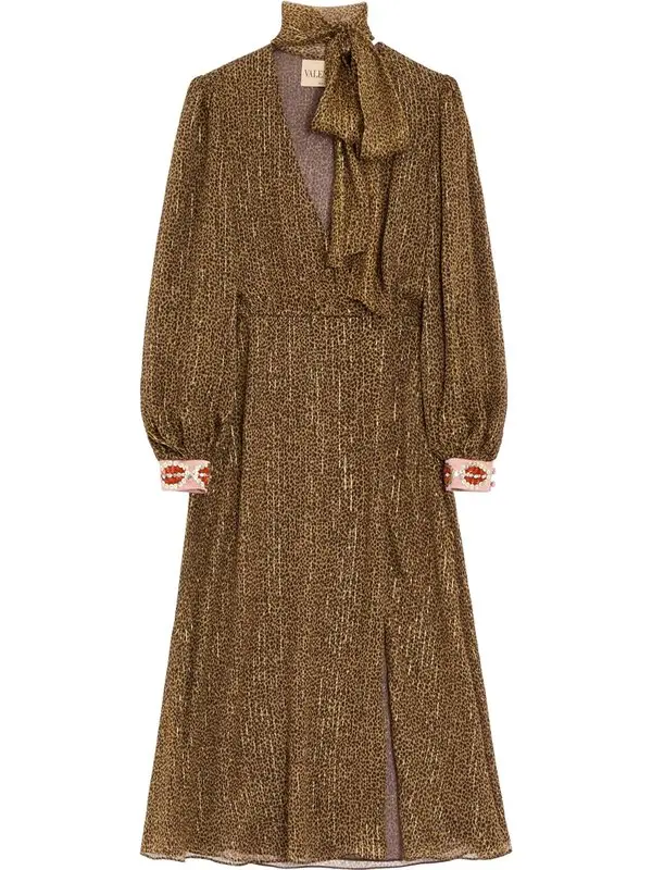 Valentino Garavani Leopard Print Silk-blend Midi Dress With Embellished Cuffs - Brown