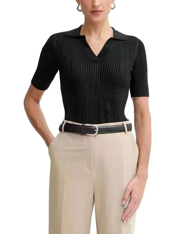FRACOMINA Ribbed Knit Short-sleeve Top With Spread Collar - Black