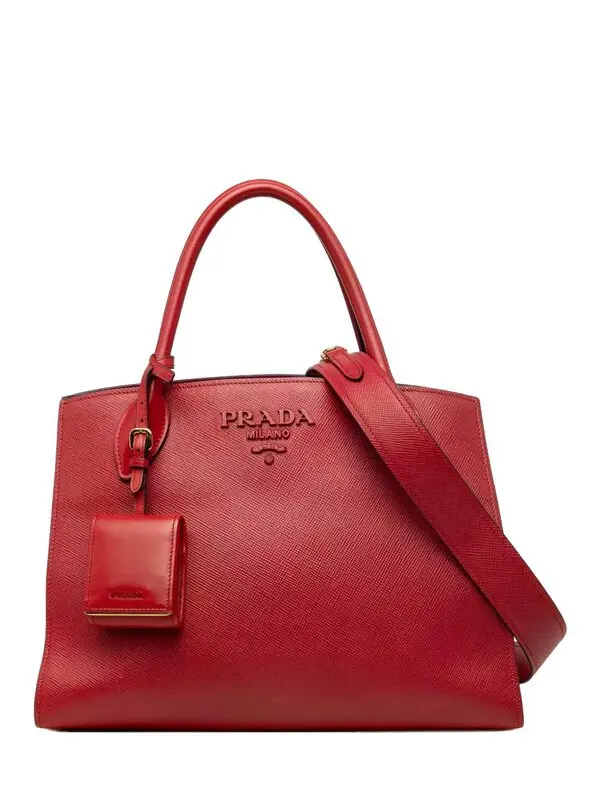 Prada Saffiano Cuir Monochrome Top Handle Tote - Red