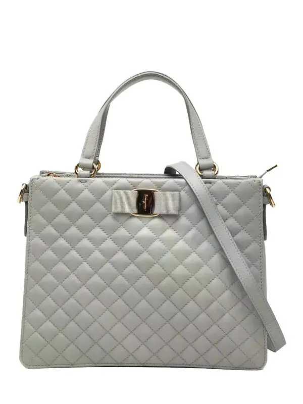 FERRAGAMO Quilted Leather Vara Bow Tracy Satchel - Grey