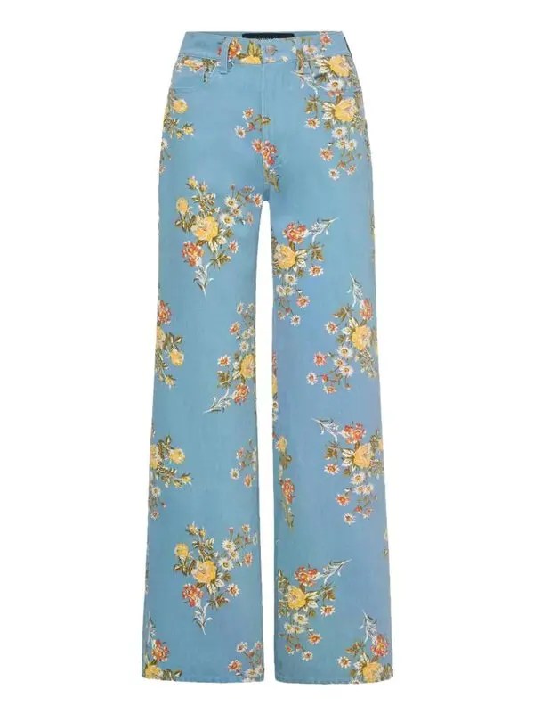 Veronica Beard Taylor Floral Print High-waisted Wide Leg Jeans - Blue