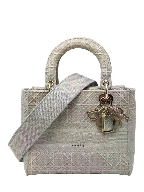 Dior Embroidered Canvas Cannage Lady D Lite Satchel - Grey