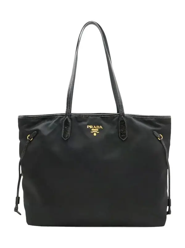 Prada Patent Trimmed Tessuto Tote Bag - Black