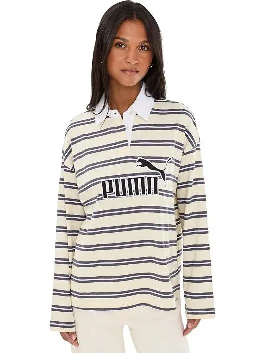 PUMA Essentials Elevated No.1 Logo Oversized Striped Rugby Polo - Navy