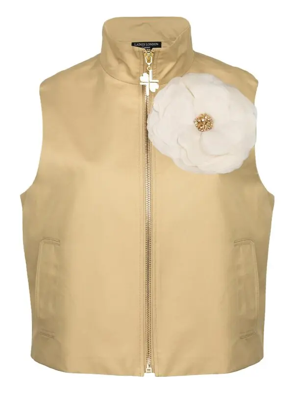 HOUSE OF LAINES LONDON Cream Organza Flower Cropped Trench Gilet - White/gold