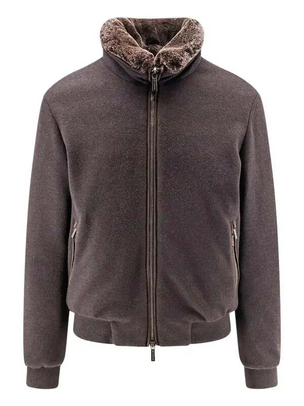 MOORER Wool And Cashmere Jacket With Fur Trim And Zip Closure - Brown