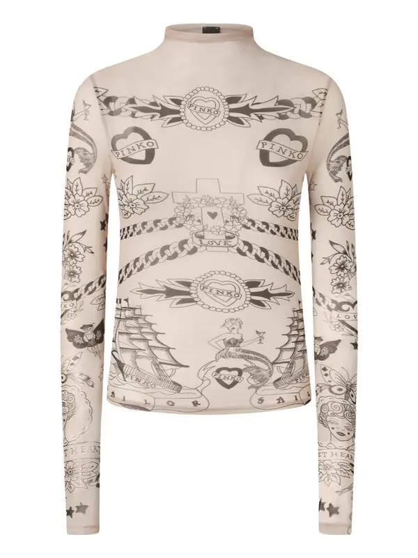 Pinko Graphic Print Mesh Long Sleeve Top - Nude