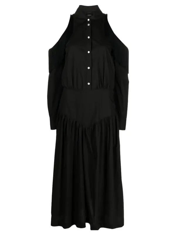 Pinko Fringed Cold Shoulder Midi Shirt Dress - Black