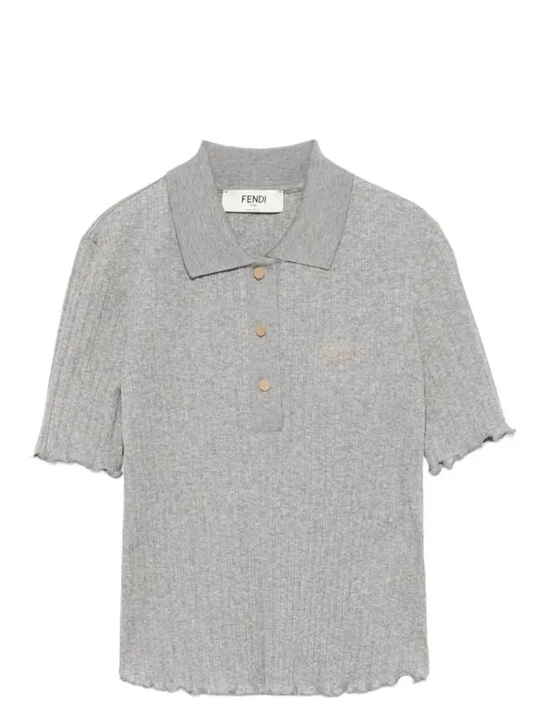 Fendi Ribbed-knit Polo Shirt With Scalloped Edges - Grey