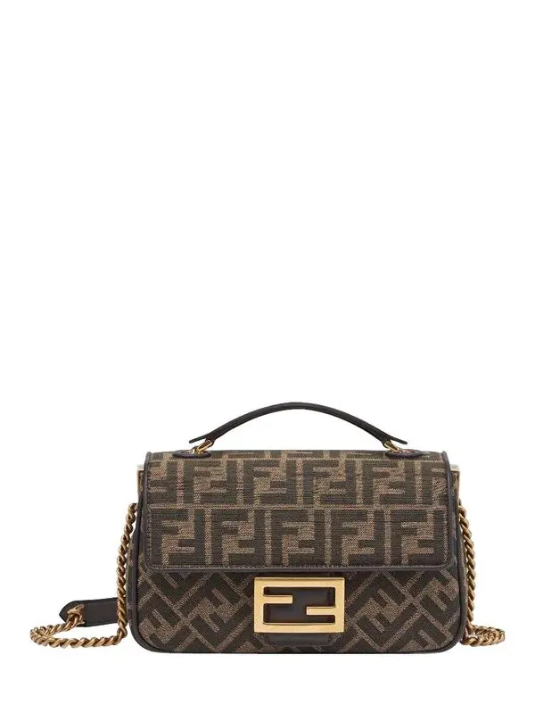 Fendi Baguette Midi Shoulder Bag With Ff Pattern And Gold Tone Hardware - Black
