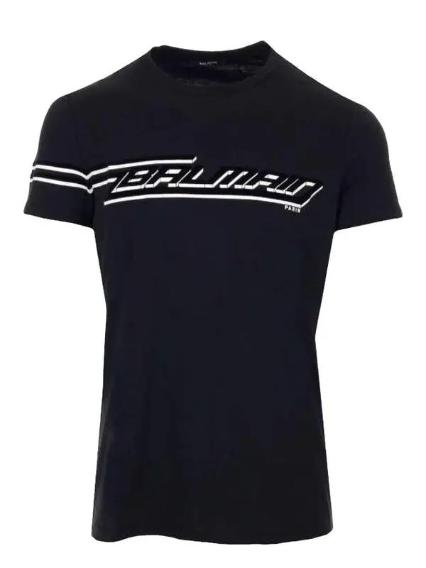 Balmain Flocked Cotton T-shirt With White Logo Print - Black