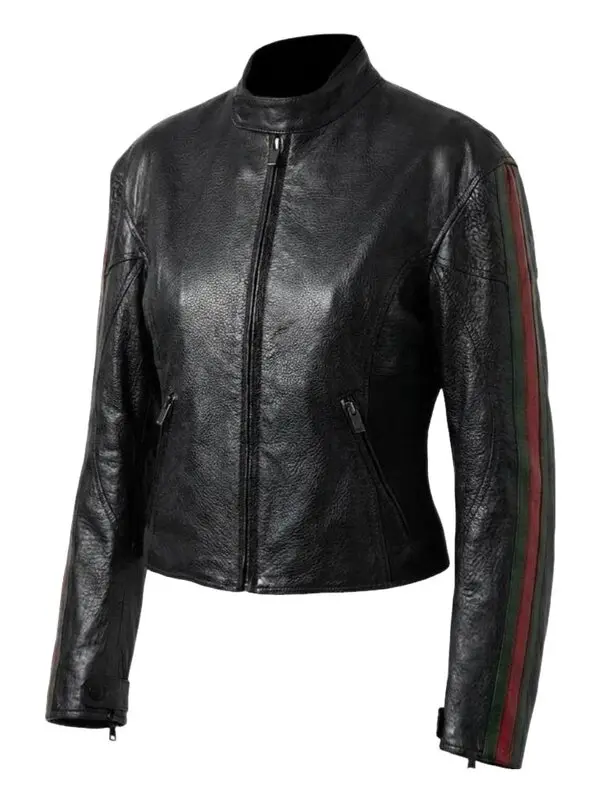 Gucci Leather Biker Jacket With Web Detail - Black