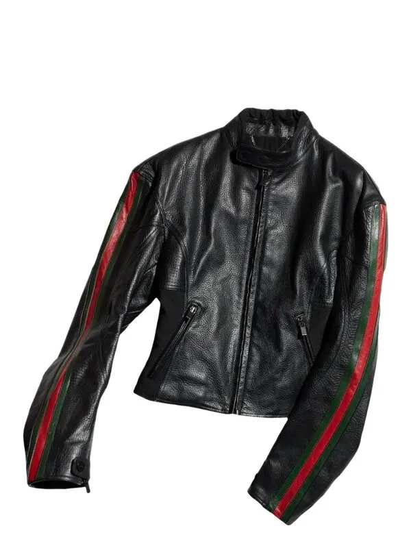 Gucci Leather Biker Jacket With Web Detail - Black