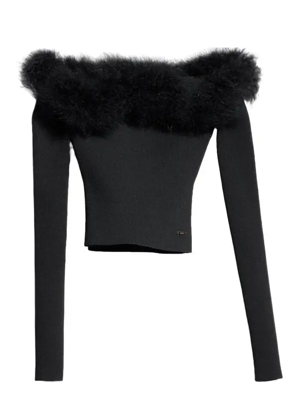 Gucci Rib Viscose Off-the-shoulder Top With Fuzzy Trim - Black