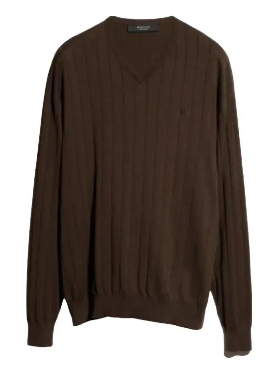 Gucci Ribbed V-neck Sweater With Double G Embroidery - Dark Brown