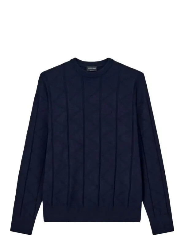 Giorgio Armani Regular Fit Chevron Virgin Wool Sweater - Navy Blue
