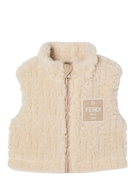 Fendi Baby Gilet In Teddy-effect Wool Fabric - Beige