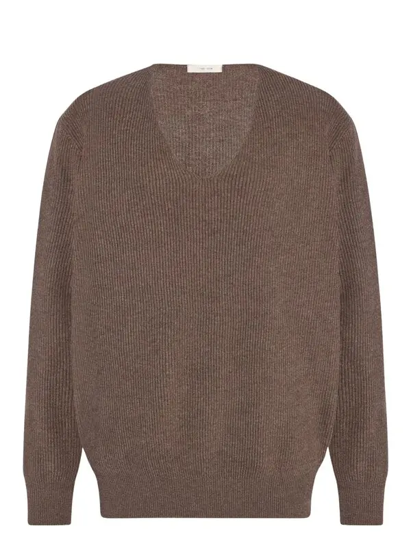 THE ROW Ribbed V-neck Long Sleeve Sweater - Fudge