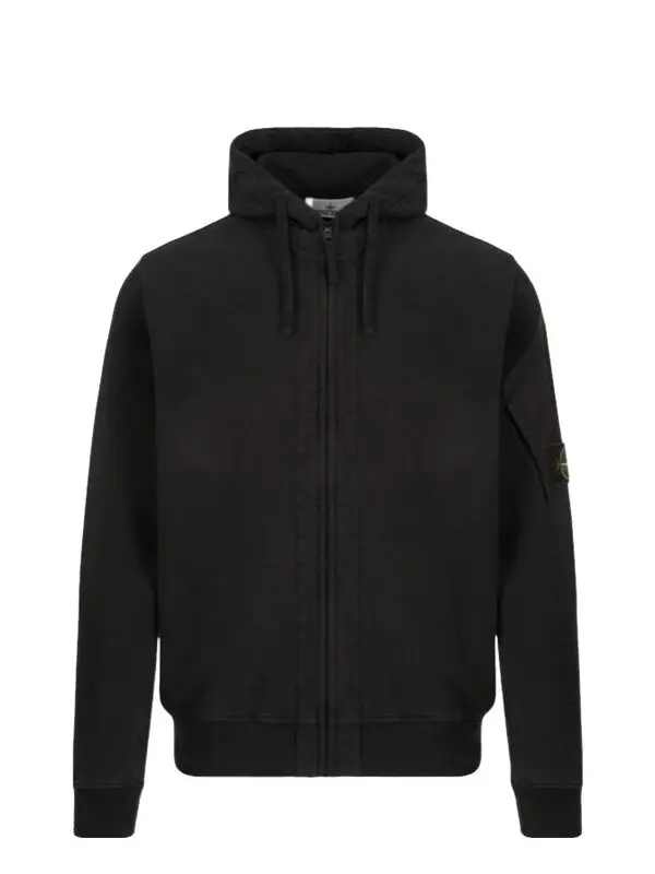 Stone Island Zip Up Hoodie With Logo Patch - Black