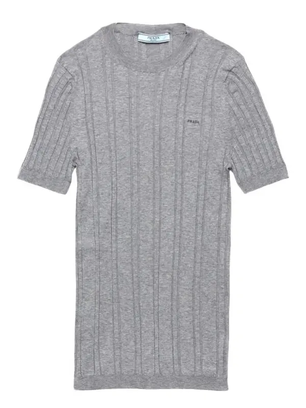 Prada Ribbed Knit Short Sleeve Cotton Sweater - Grey