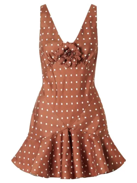 RODARTE Polka Dot Silk Dress With Floral Applique - Brown