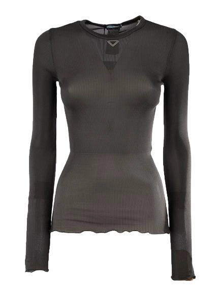 Prada Ribbed Knit Long Sleeve Top - Lead Ash