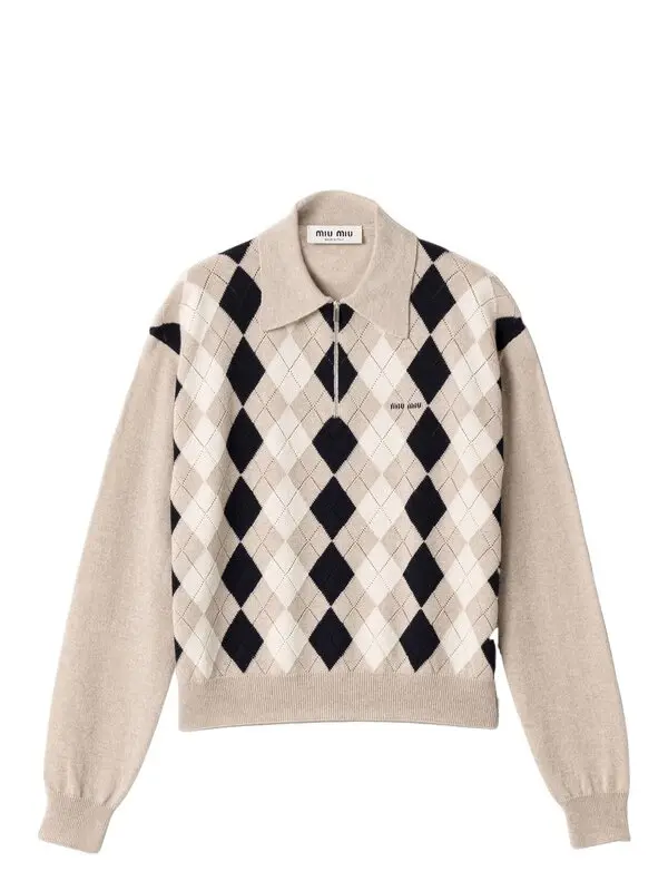 Miu Miu Cashmere Argyle Polo Sweater - Light Brown