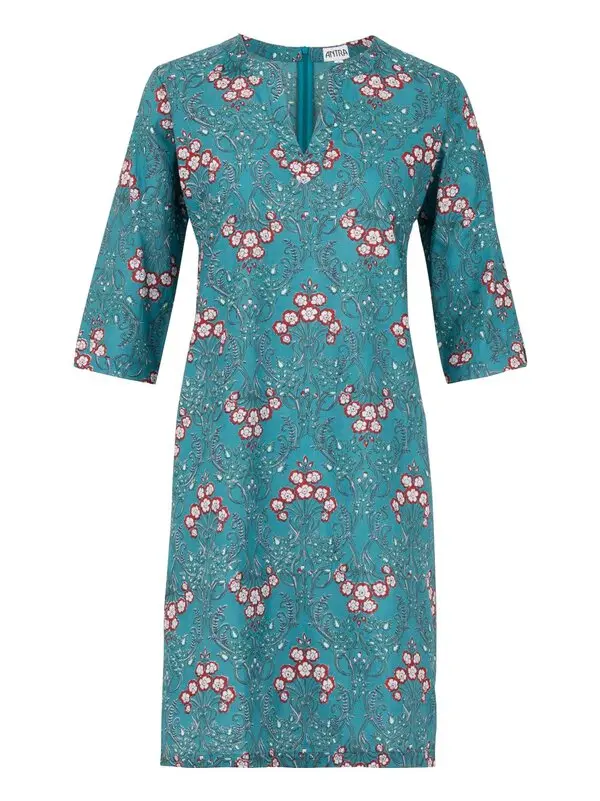 ANTRA DESIGNS Printed V-neck Tunic Dress - Blue