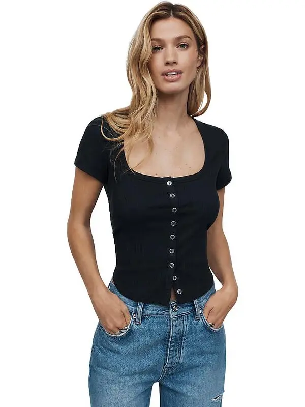 PILCRO Square Neck Button-front Cardigan Top - Black