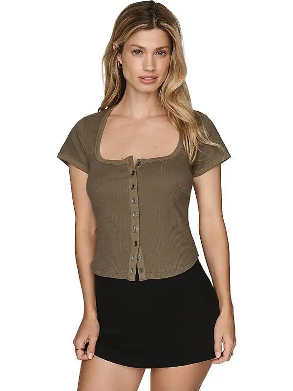 PILCRO Square Neck Button-front Cardigan Top - Burnt Olive