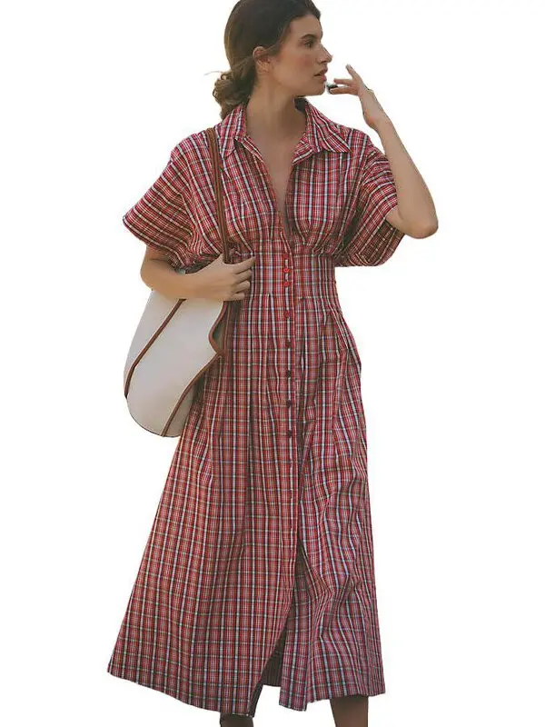 EXQUISE Tobie Shirtdress With Pleated Waist - Red Plaid