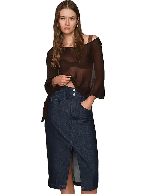 PILCRO Double Waist Denim Midi Skirt - Dark Denim