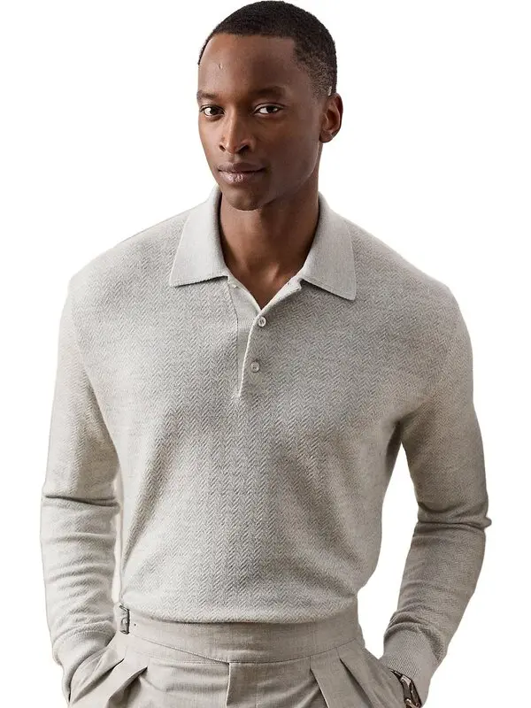 Ralph Lauren Cashmere-linen Jacquard-knit Polo Sweater - Grey Multi