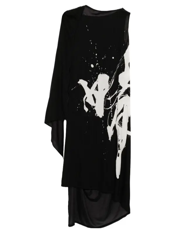 Yohji Yamamoto Rayon Graphic Print Asymmetrical Dress - Black