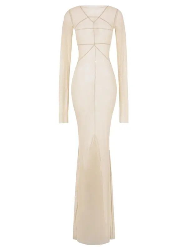 Rick Owens Long Sleeve Maxi Dress With Geometric Stitching - Beige